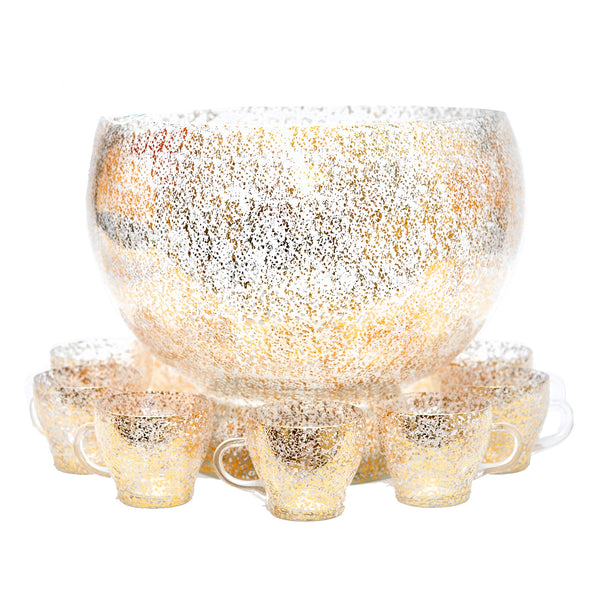 Gold & White Splatter Glass Punch Bowl Set