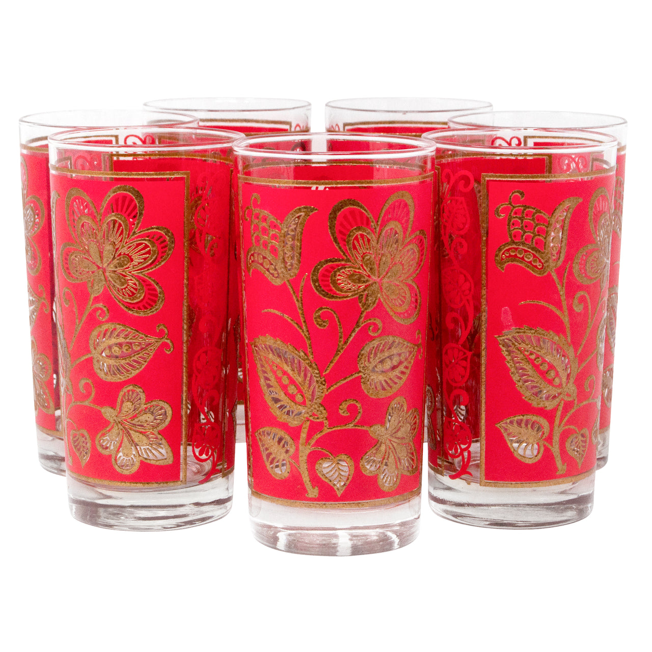Vintage Libbey Red Flowers Collins Glasses The Hour Shop