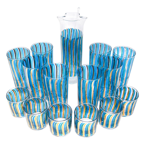 Vintage Blue & Gold Wavy Stripes Cocktail Pitcher Set | The Hour Shop