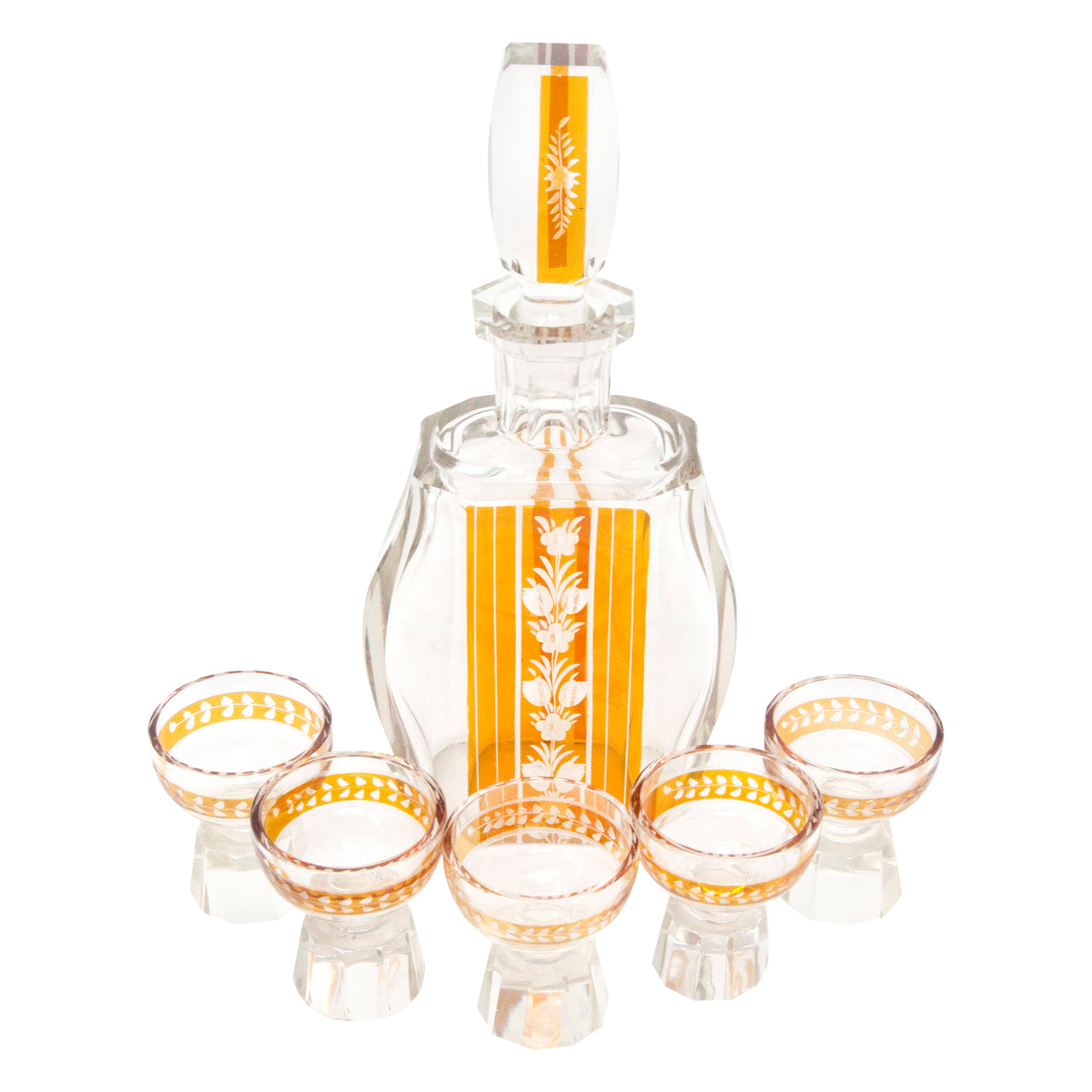 Vintage Amber Band Etched Flowers Decanter Set | The Hour Shop