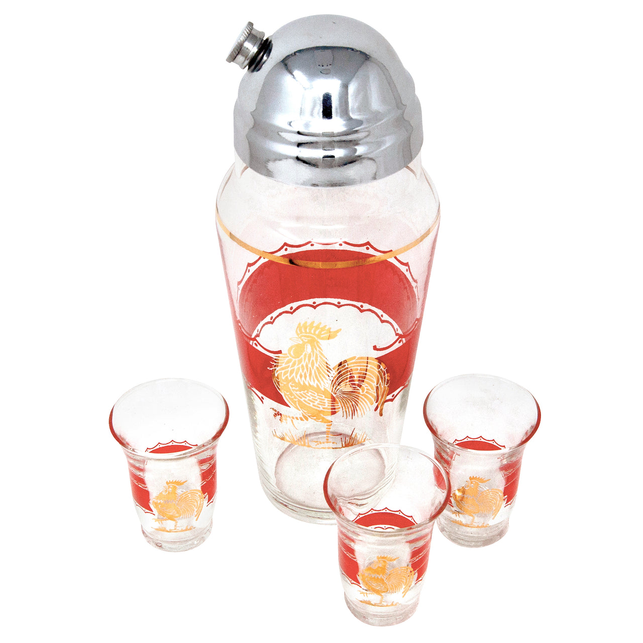 Vintage Red & Gold Rooster Glass Cocktail Shaker Set | The Hour Shop