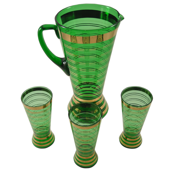 Vintage Bohemian Gold & Green Glass Pitcher Set | The Hour Shop