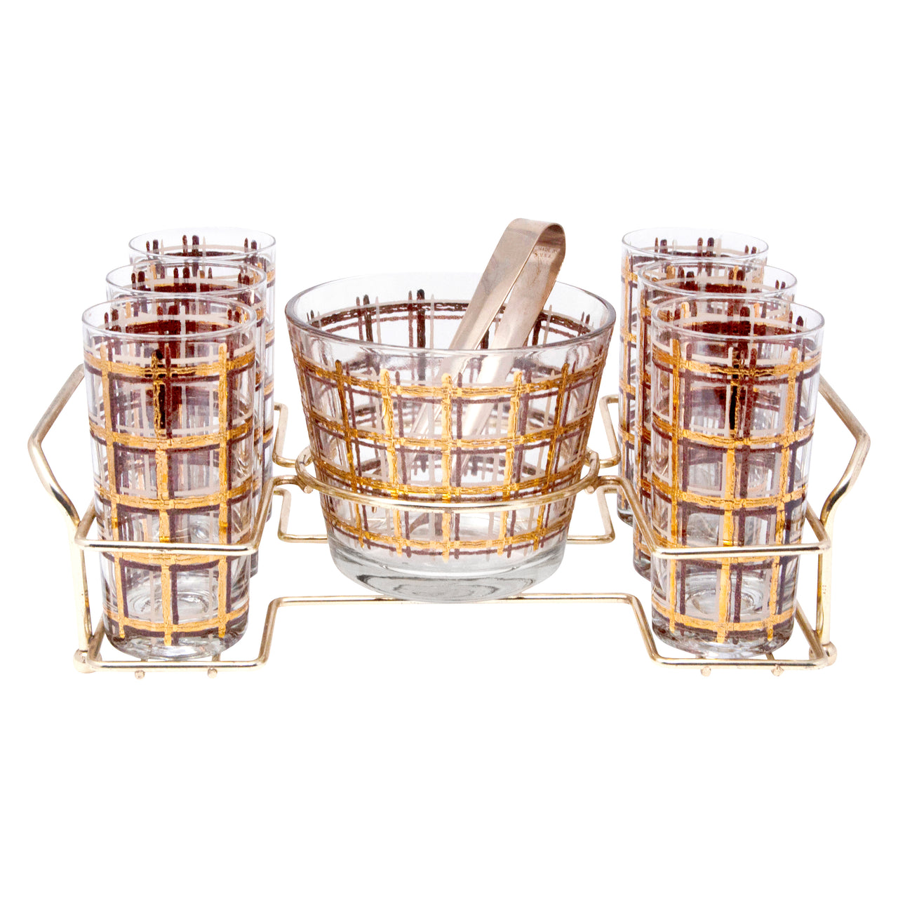 Vintage Gold & Brown Plaid Ice Bucket Glass Caddy Set | The Hour Shop