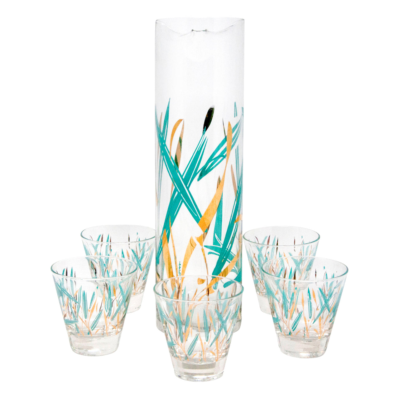 Vintage Fred Press Aqua & Gold Grasses Cocktail Pitcher Set | The Hour