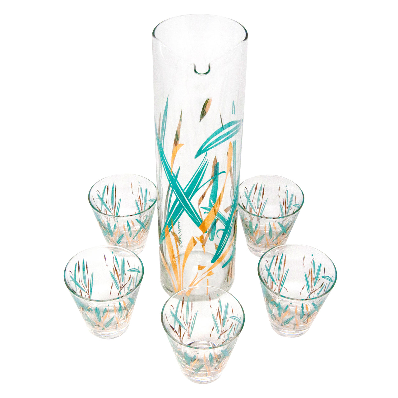 Vintage Fred Press Aqua & Gold Grasses Cocktail Pitcher Set | The Hour